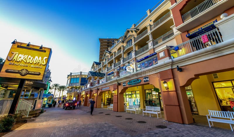 DESTIN, FLORIDA - FEBRUARY 2016: Destin Harbor Boardwalk at Sunset with ...