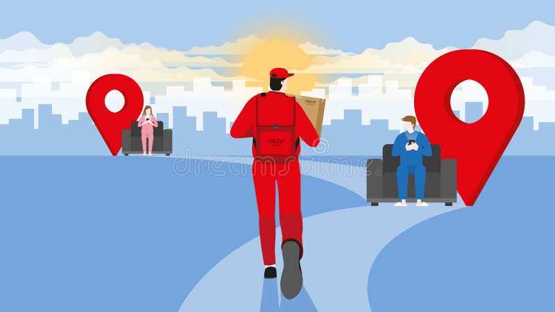 Delivery Man from Express Service Company Carry Parcel Box and Run on ...