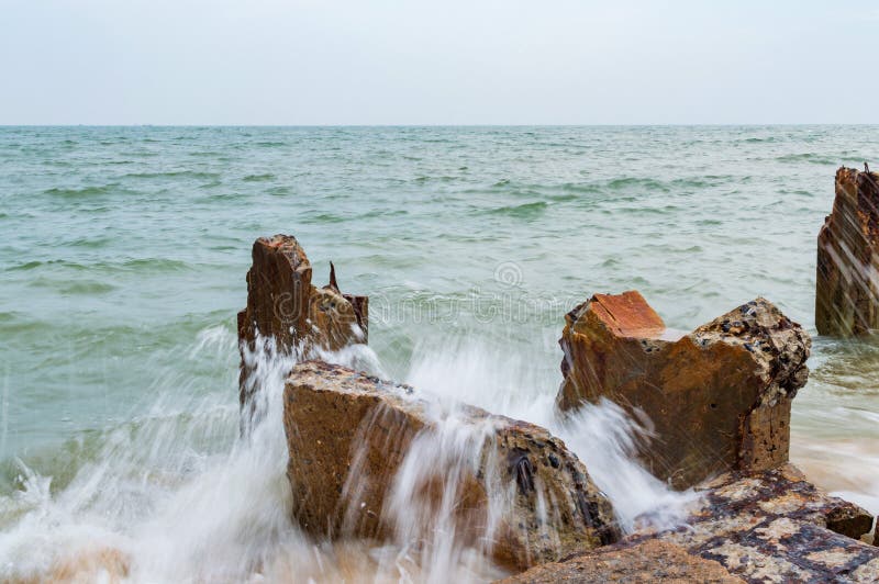 Destroed Stone Pier, Splash Wave Sea Stock Photo - Image of surf ...