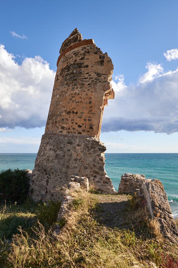 Destroyed and Abandoned Medieval Tower on the Beach Stock Image - Image ...