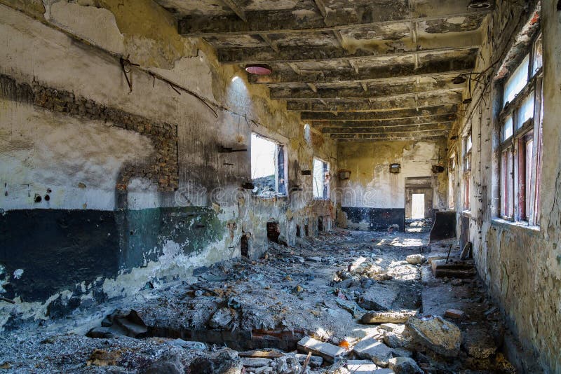 Destroyed and Abandoned Military Barracks. Background with Selective ...