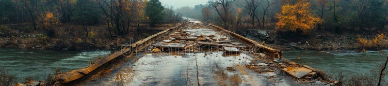 Destroyed Bridge Across River in a Post-apocalyptic Setting Amid Autumn ...