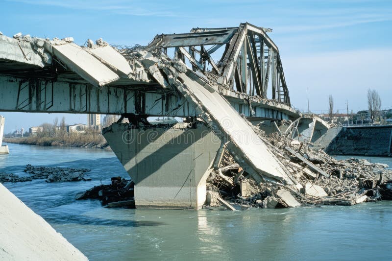 Destroyed Bridge Collapsing into River after Bombing or Disaster Stock ...