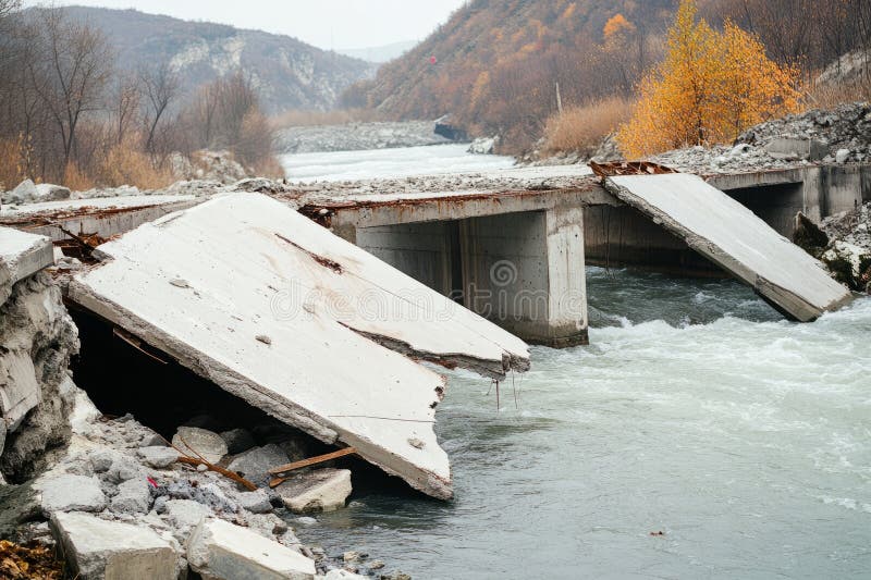 Destroyed Bridge Collapsing into River after Bombing or Disaster Stock ...