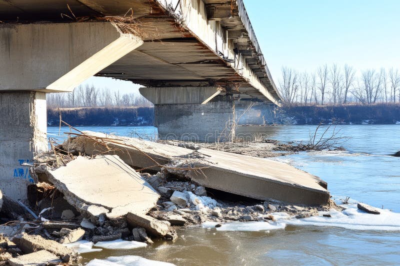 Destroyed Bridge Collapsing into River after Bombing or Disaster Stock ...