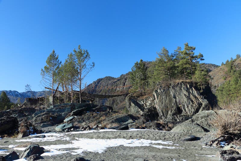 The Destroyed Bridge among Mountains Stock Photo - Image of pendent ...
