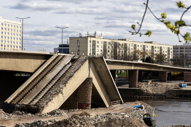 Destroyed Bridge Over the Elbe River after Flooding. Dresden, Germany ...