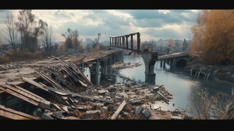 Destroyed Bridge Over River in Desolate, Post-apocalyptic Landscape ...