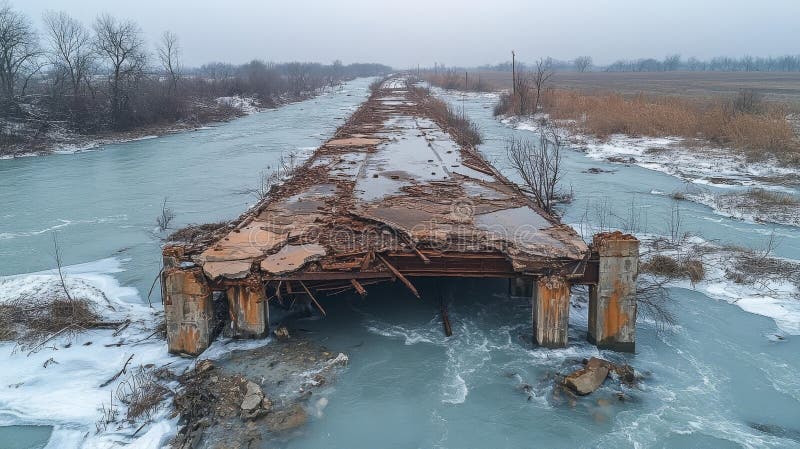 A Destroyed Bridge Over a River with Rusted Beams and Ice Forming ...
