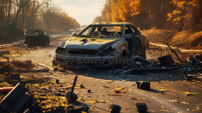 A Destroyed Broken-down Car after an Accident on the Road. the Car ...