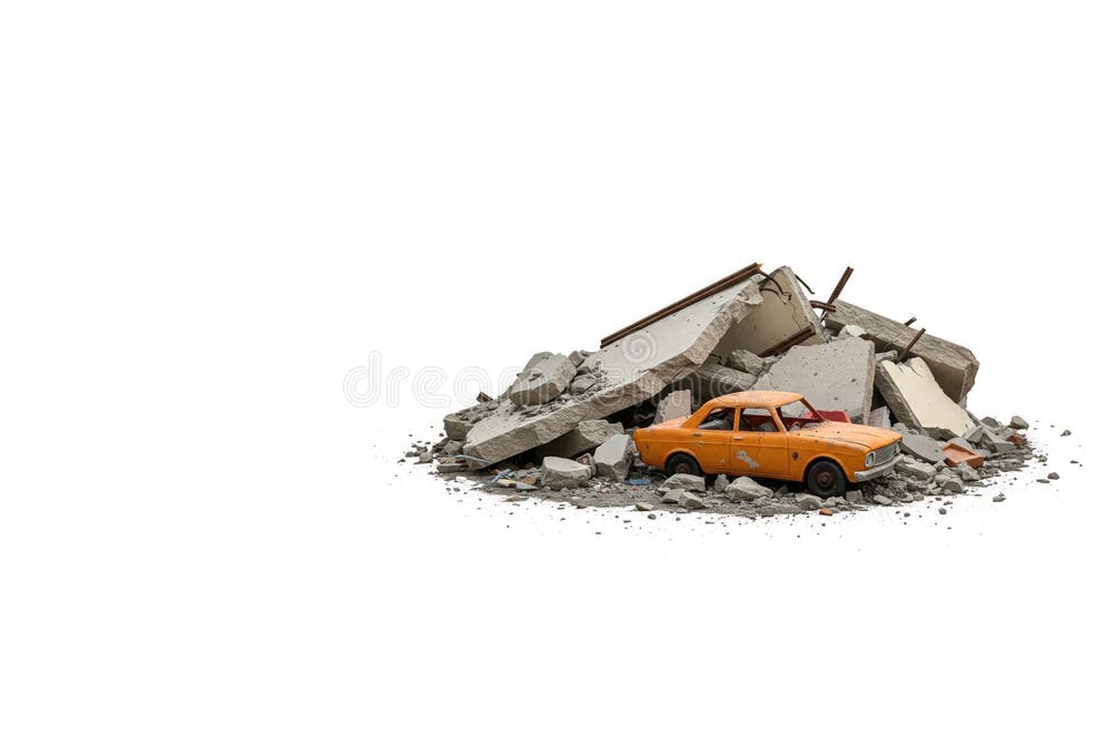 A Destroyed Building and a Broken Car among the Rubble. Space for Text ...