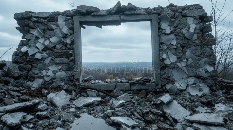 Destroyed Building Frame with Scenic Landscape View Stock Illustration ...