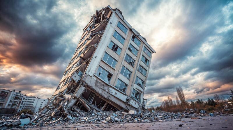 Destroyed Building Leaning after Earthquake at Sunset with Dramatic Sky ...