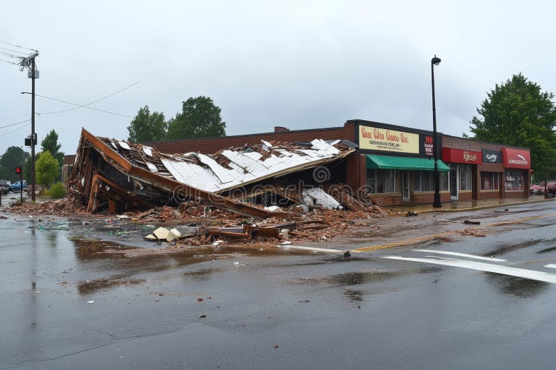Destroyed Building Lying on Wet Street after Natural Disaster Stock ...