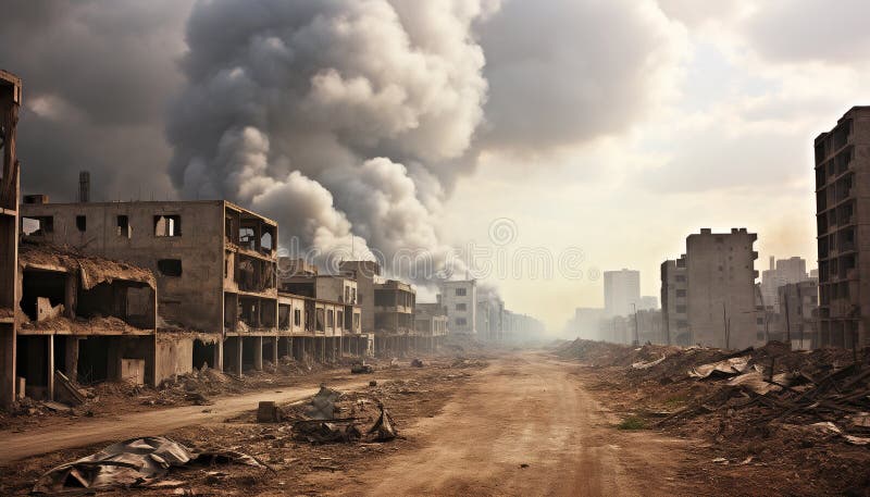 Destroyed Building, Smoke Filled Sky, Polluted Environment, Ruined ...