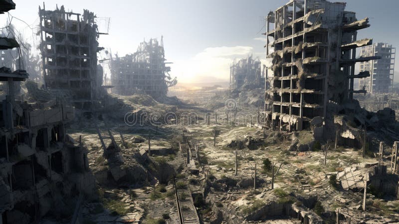 View of Destruction City with Fires and Explosion Over Dramatic Sky ...