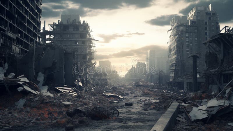 View of Destruction City with Fires and Explosion Over Dramatic Sky ...