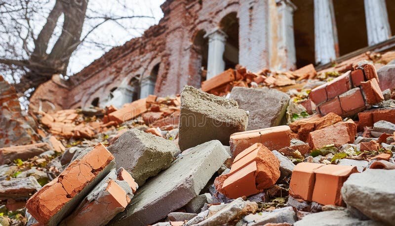 Destroyed Building, Wall with Bricks and Broken Pieces of Concrete ...