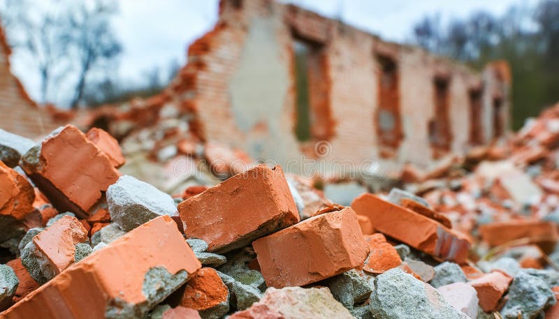 Destroyed Building, Wall with Bricks and Broken Pieces of Concrete ...
