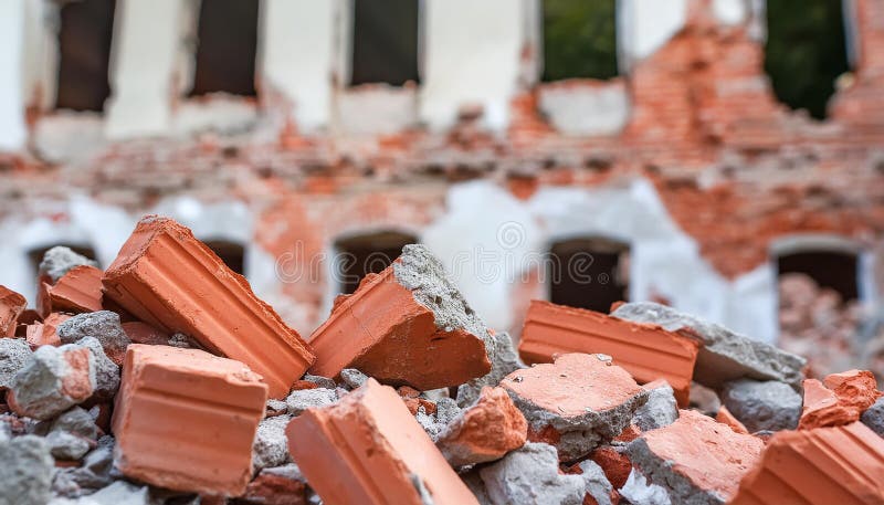Destroyed Building, Wall with Bricks and Broken Pieces of Concrete ...