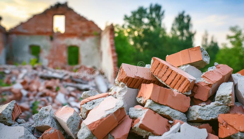 Destroyed Building, Wall with Bricks and Broken Pieces of Concrete ...