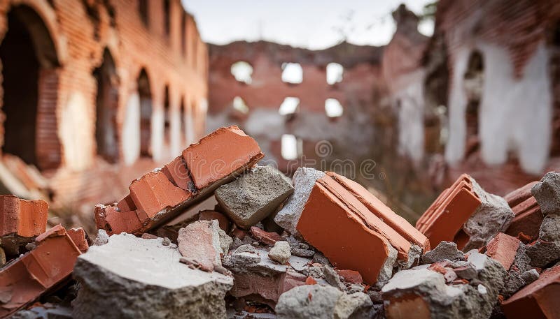 Destroyed Building, Wall with Bricks and Broken Pieces of Concrete ...