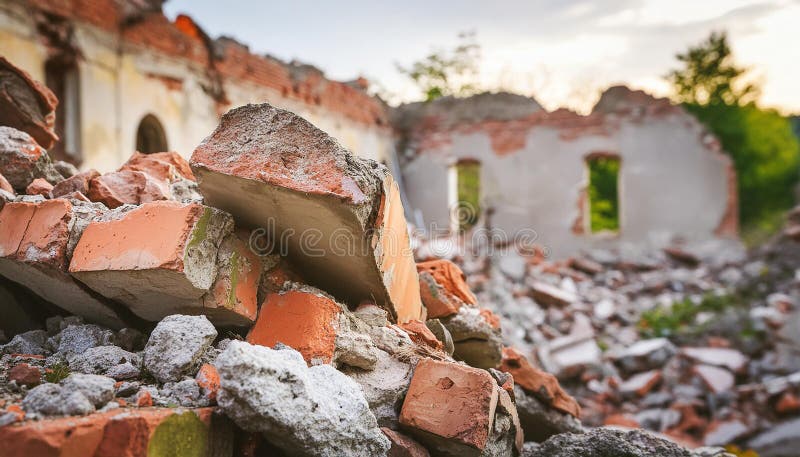 Destroyed Building, Wall with Bricks and Broken Pieces of Concrete ...