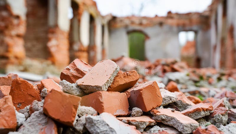 Destroyed Building, Wall with Bricks and Broken Pieces of Concrete ...