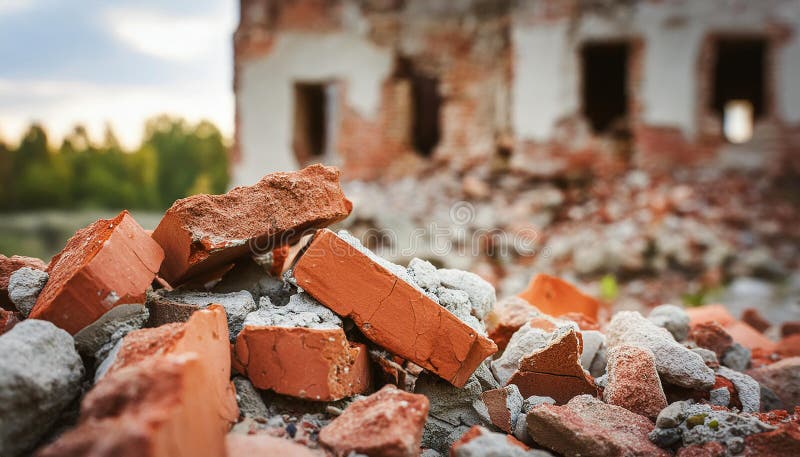 Destroyed Building, Wall with Bricks and Broken Pieces of Concrete ...
