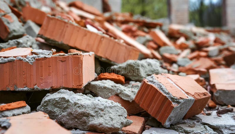Destroyed Building, Wall with Bricks and Broken Pieces of Concrete ...