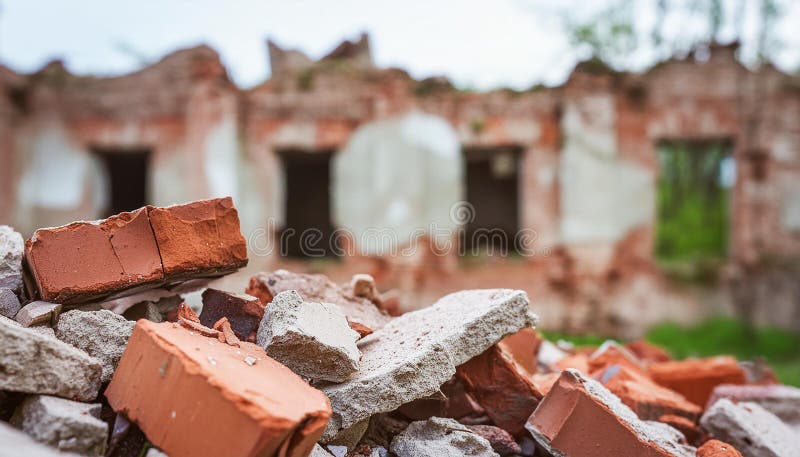 Destroyed Building, Wall with Bricks and Broken Pieces of Concrete ...