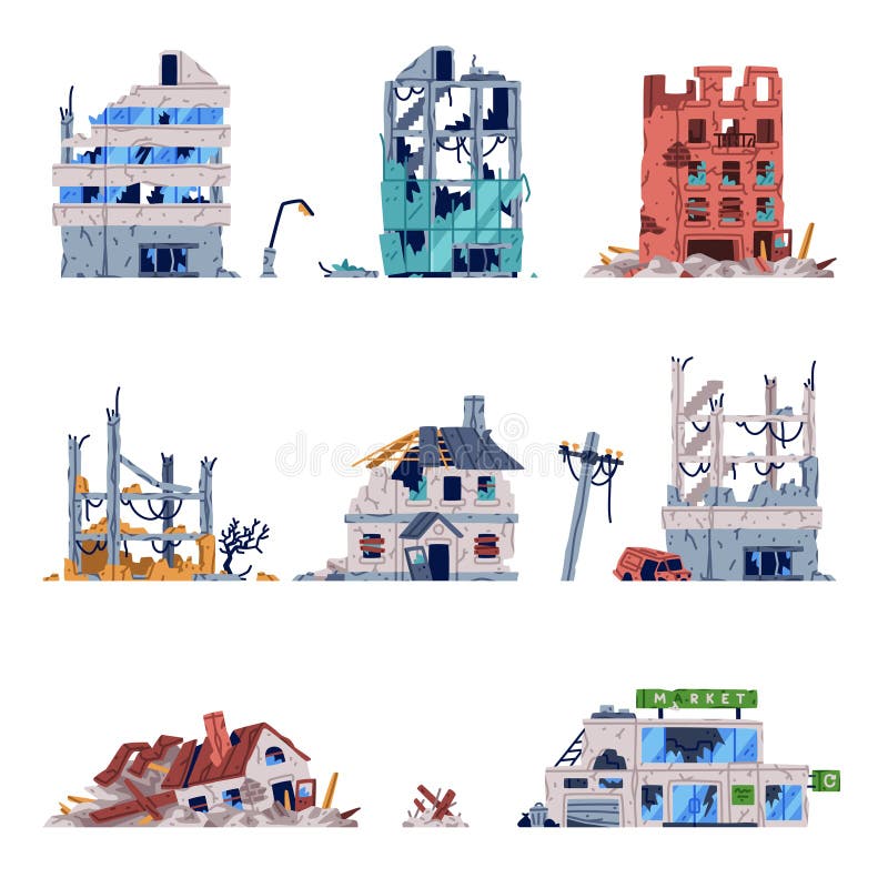 Destroyed Buildings and Broken Ruined Houses Vector Set Stock Vector ...