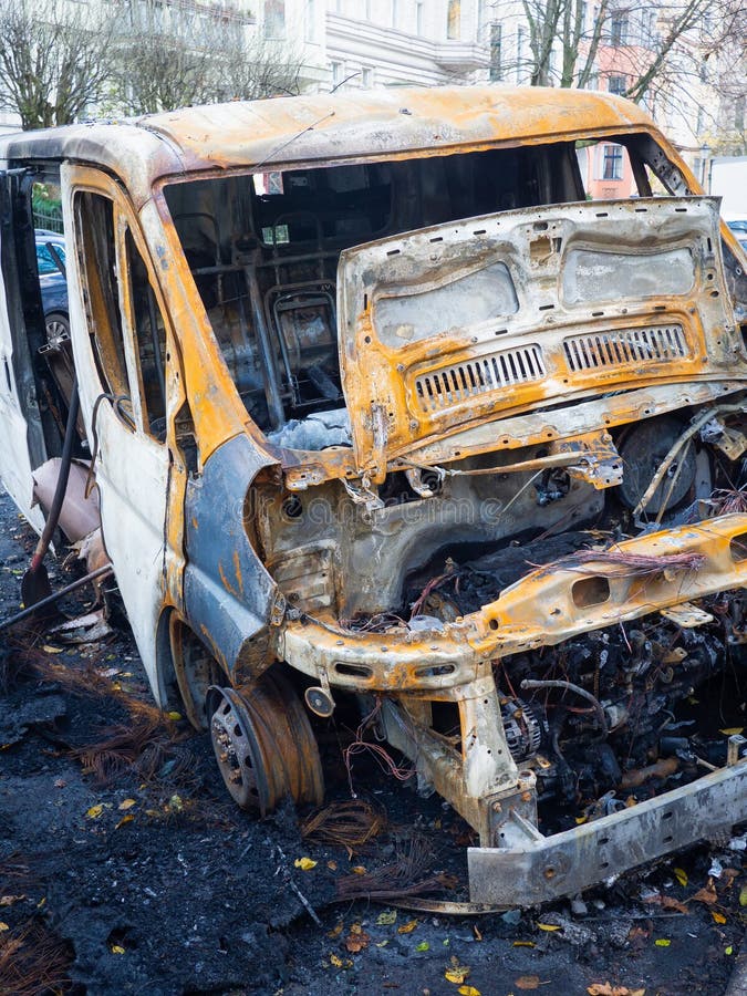 Destroyed Burnt Out White Van Stock Image - Image of carcass, dirty ...