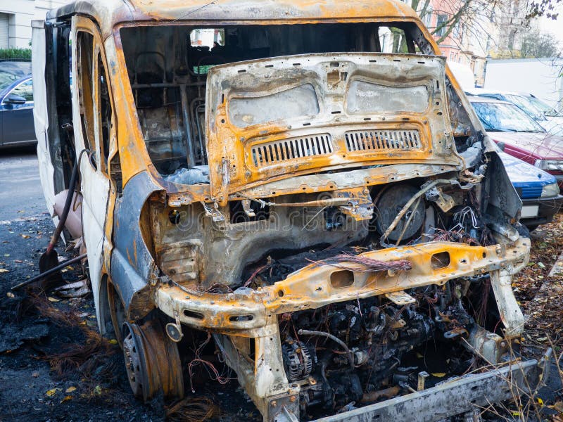 Destroyed Burnt Out White Van Stock Photo - Image of abstract ...