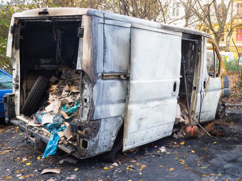 Destroyed Burnt Out White Van Stock Image - Image of destroyed ...