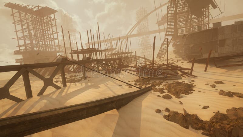 Destroyed City Landscape in a Fantasy Post Apocayptic Future. 3D ...