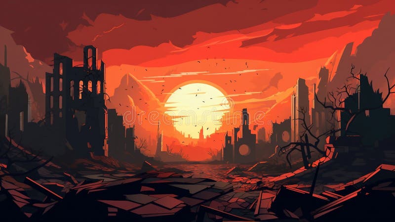 Destroyed City with Rubble at Sunset Illustration AI Generated Stock ...