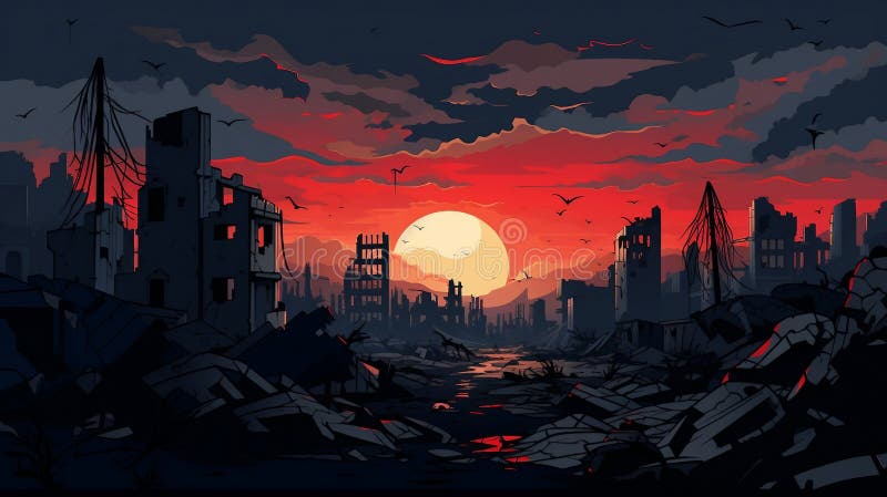 Destroyed City with Rubble at Sunset Illustration AI Generated Stock ...