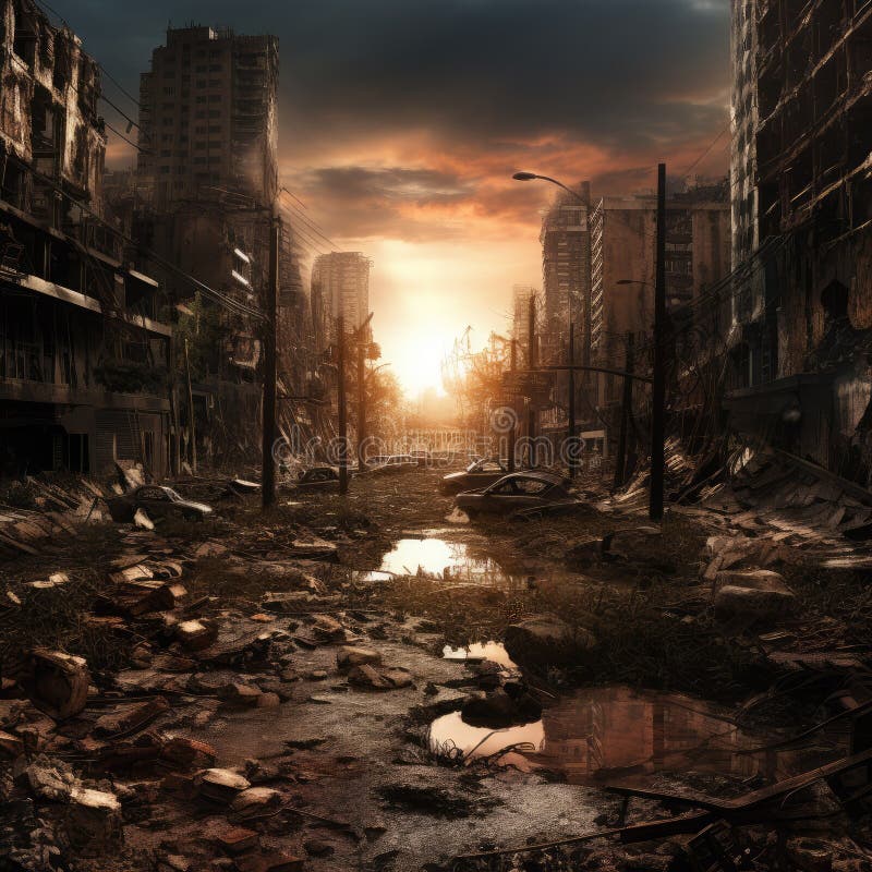 Destroyed City after the War. Dramatic Scene of the Fuming City, Bombed ...