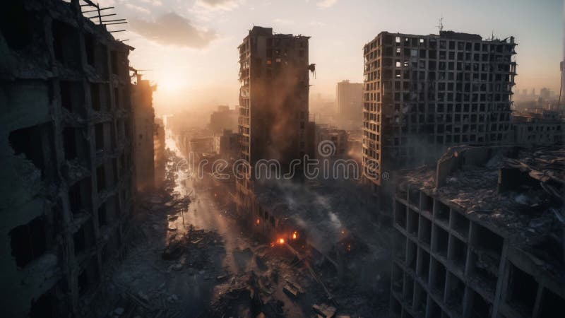 Destroyed City in War with Sunset in Background. Highly Detailed and ...