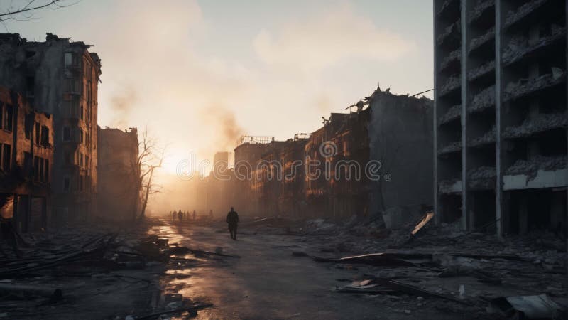 Destroyed City in War with Sunset in Background. Highly Detailed and ...