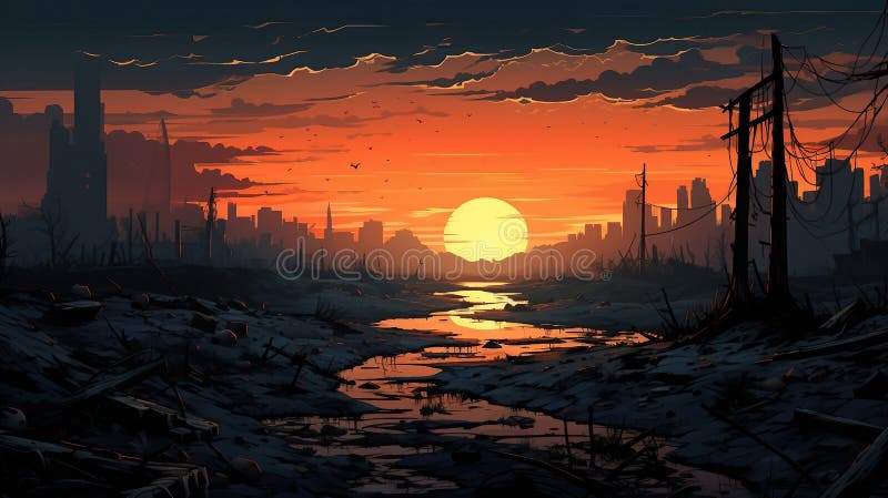 Destroyed City in War at Sunset Illustration AI Generated Stock ...