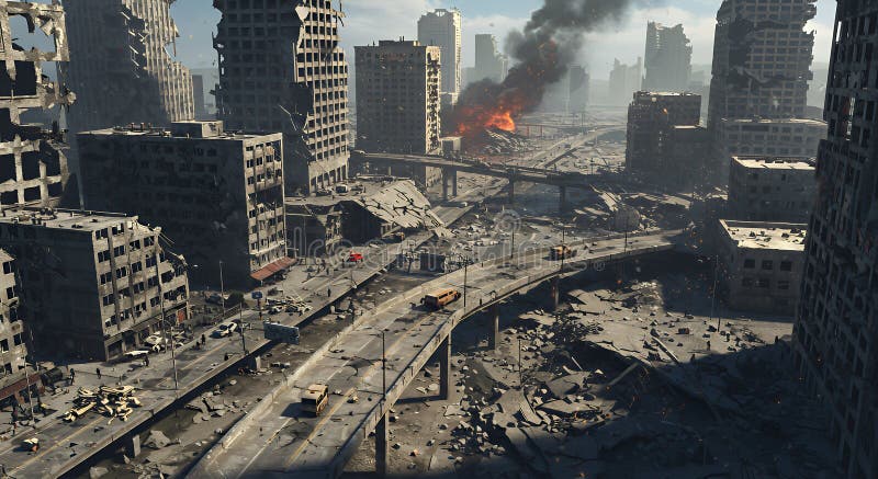 Destroyed Cityscape with Collapsed Buildings and Burning Structures ...