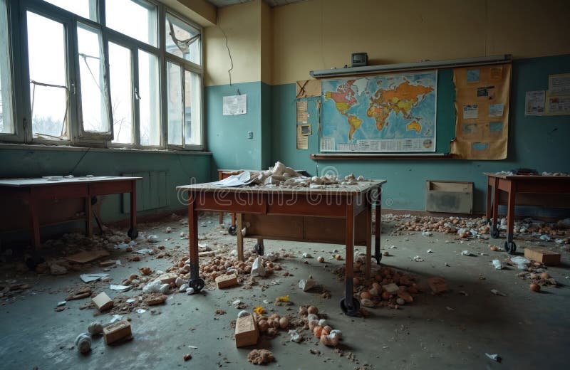 Destroyed Classroom Interior after War. Broken Windows Desks, Rubble ...