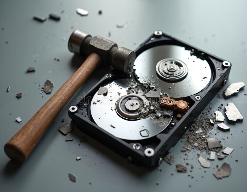 Destroyed Computer Hard Drive with Hammer. Concept of Data Deletion ...