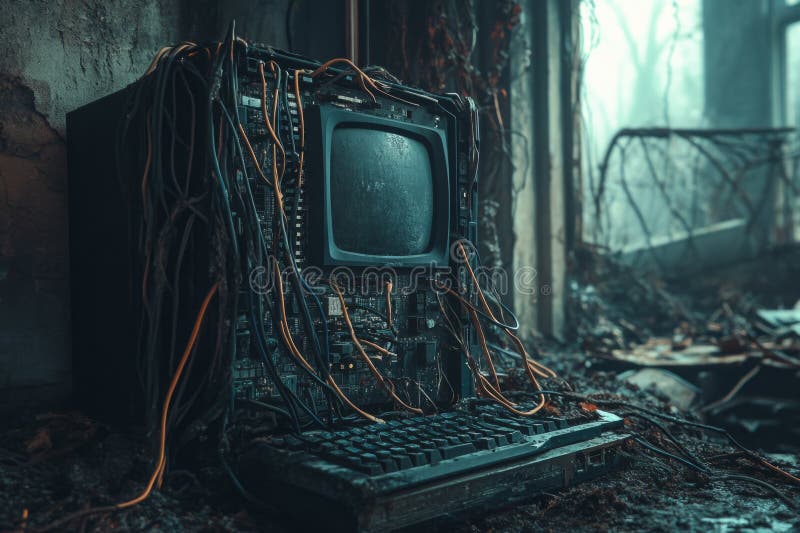 Destroyed Computer with Tangled Wires and Covered with Dust and Ashes ...