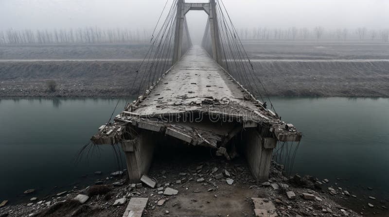 Destroyed Concrete Bridge Collapsing into a River in the Fog Stock ...