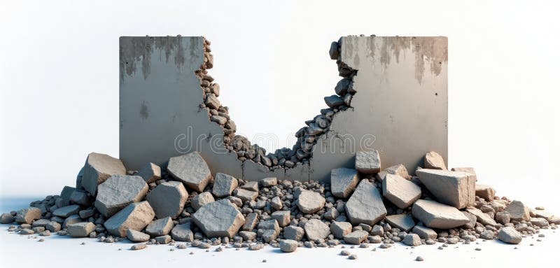 Destroyed Concrete Wall with Large Debris Pile. Massive Chunks of ...