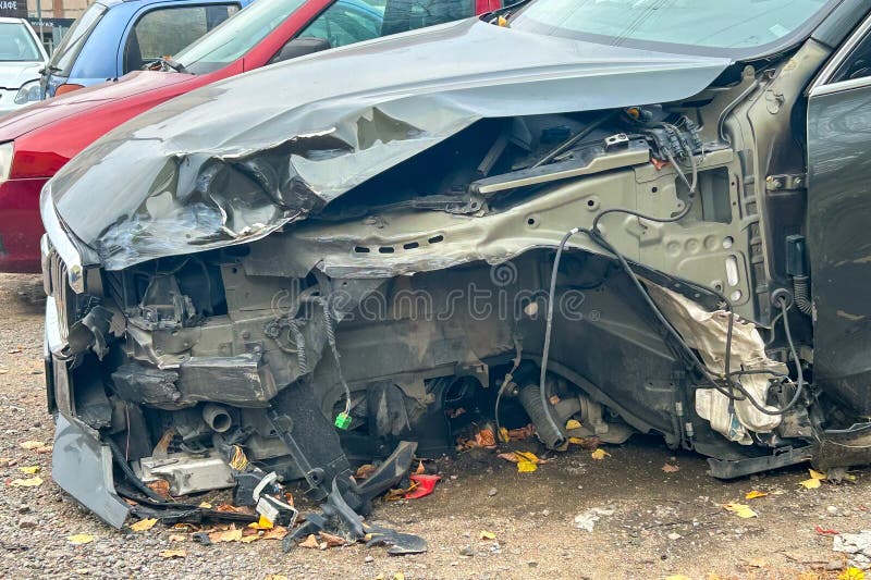 Destroyed Crashed Car Outdoors after Car Crash Traffic Accident. Car ...