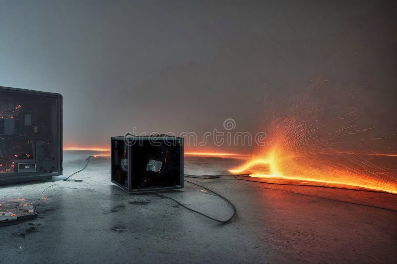 Destroyed Cube-shaped Electronic Devices Such As Computers on an Empty ...